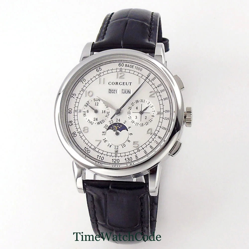 Corgeut Moon Phase Watch 42mm Seagull St1655 Automatic Day Date Month ...