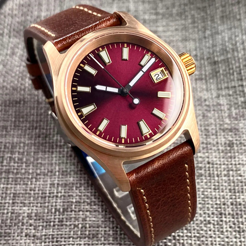 Tandorio Bronze Pilot Watch TD147R 20ATM 36mm Wine Red Dial NH35A Sapp ...