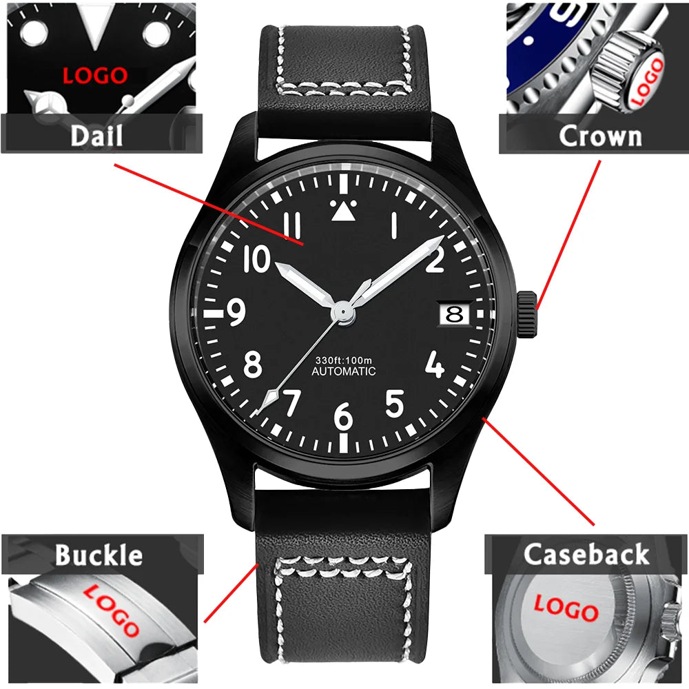 PVD Pilot Watch Sterile for Custom logo 39MM Sapphire 10Bar NH35 autom ...