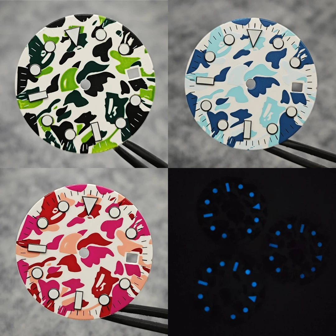 28.5mm Watch Dial Blue Luminous Watch Faces Camouflage Dial with Calen ...