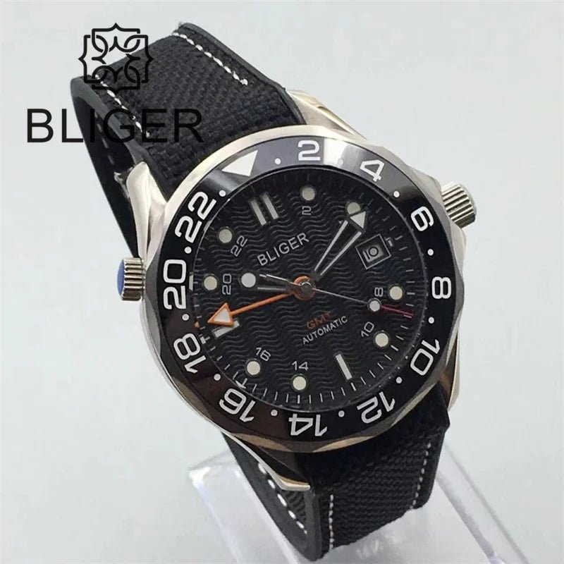 BLIGER 41mm NH34 GMT Automatic Blue Ceramic Bezel Sapphire Glass Black ...